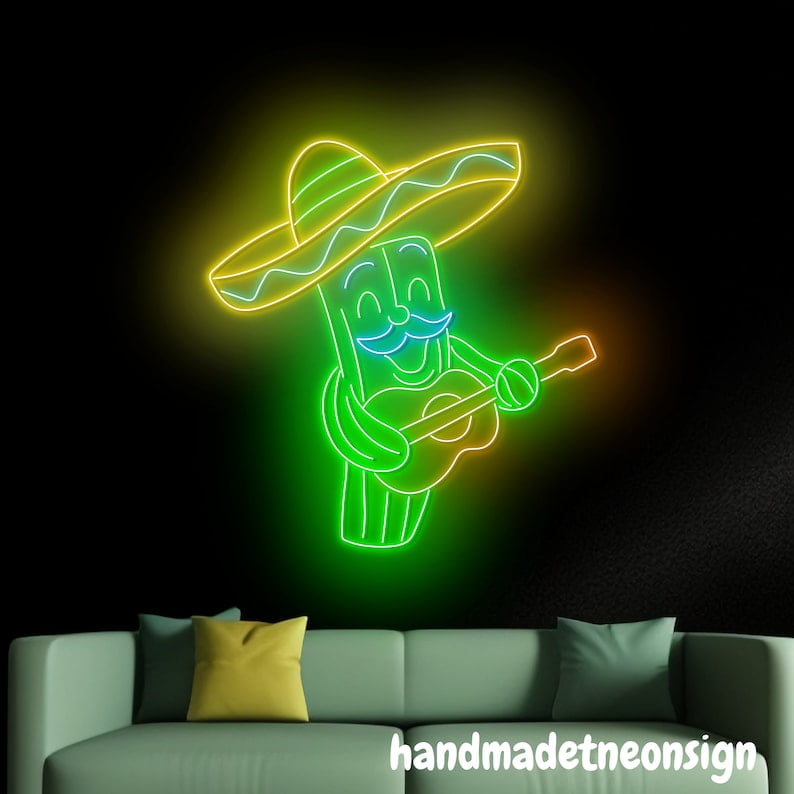 Handmadetneonsign Mexican Cactus Playing Guitar Neon Sign, Fiesta Neon ...