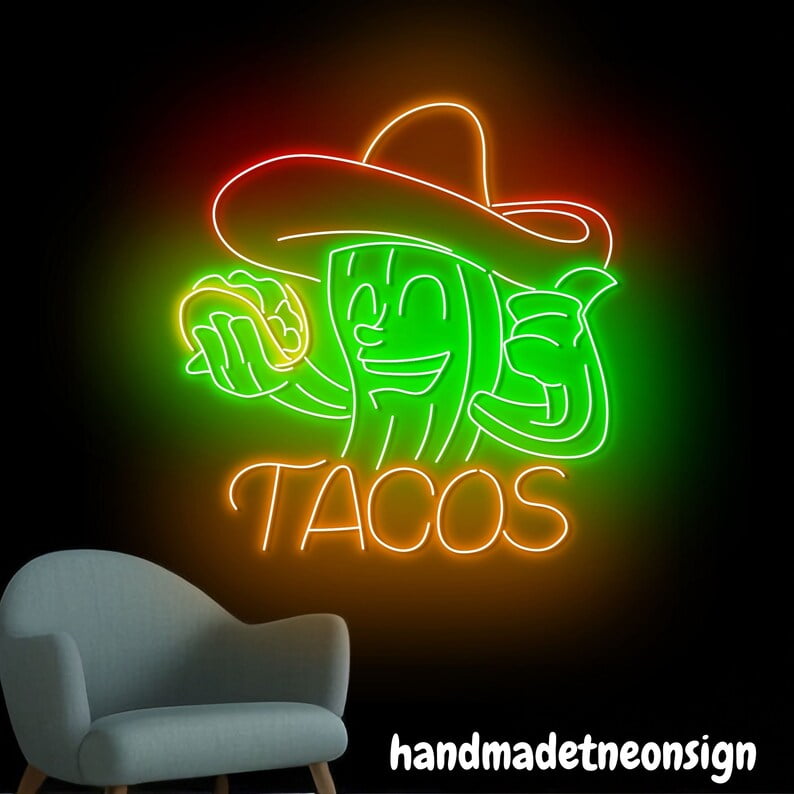 Handmadetneonsign Mexican Cactus Tacos Neon Sign, Tacos Food Wall Art ...