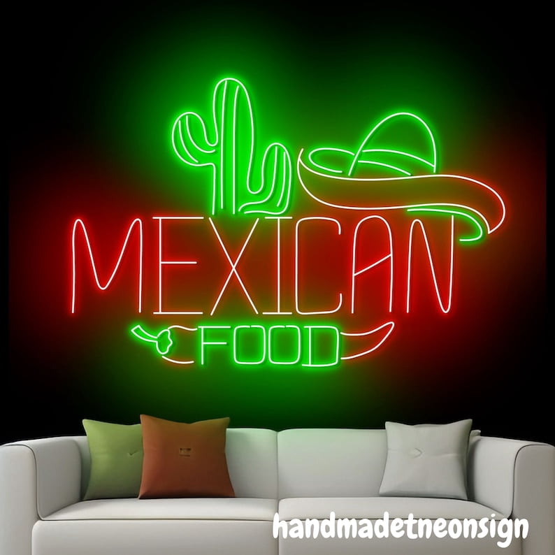 Handmadetneonsign Mexican Food Neon Sign, Cactus Sombrero Wall Art ...