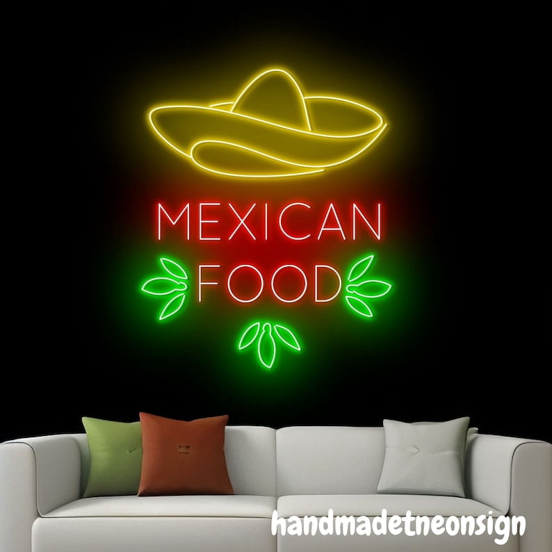 Handmadetneonsign Mexican Food Neon Sign, Mexican Sombrero Hat Wall Art ...