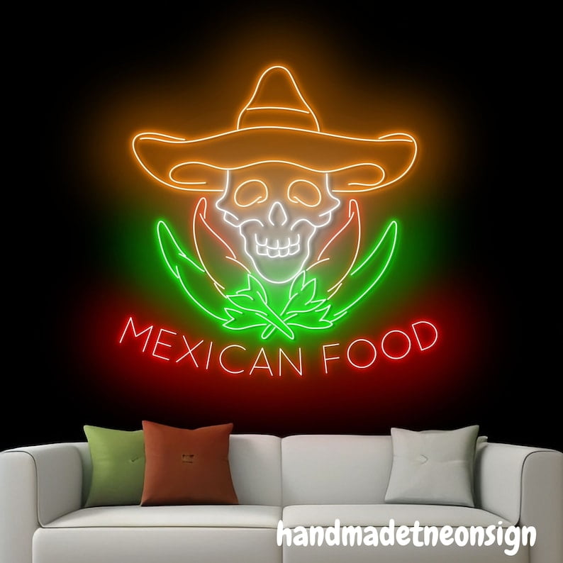 Handmadetneonsign Mexican Food Neon Sign, Skull Sombrero Hat Wall Art ...