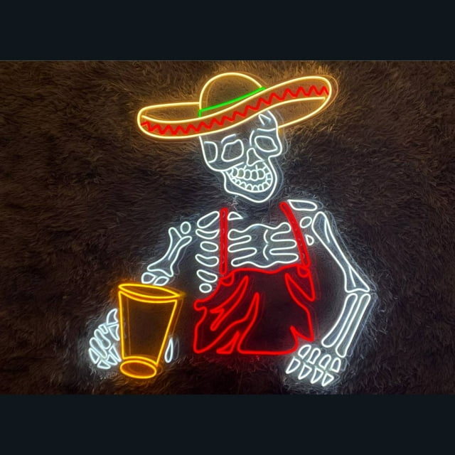 Handmadetneonsign Mexican Skeleton Drinking Tequila Neon Sign, Mexico ...