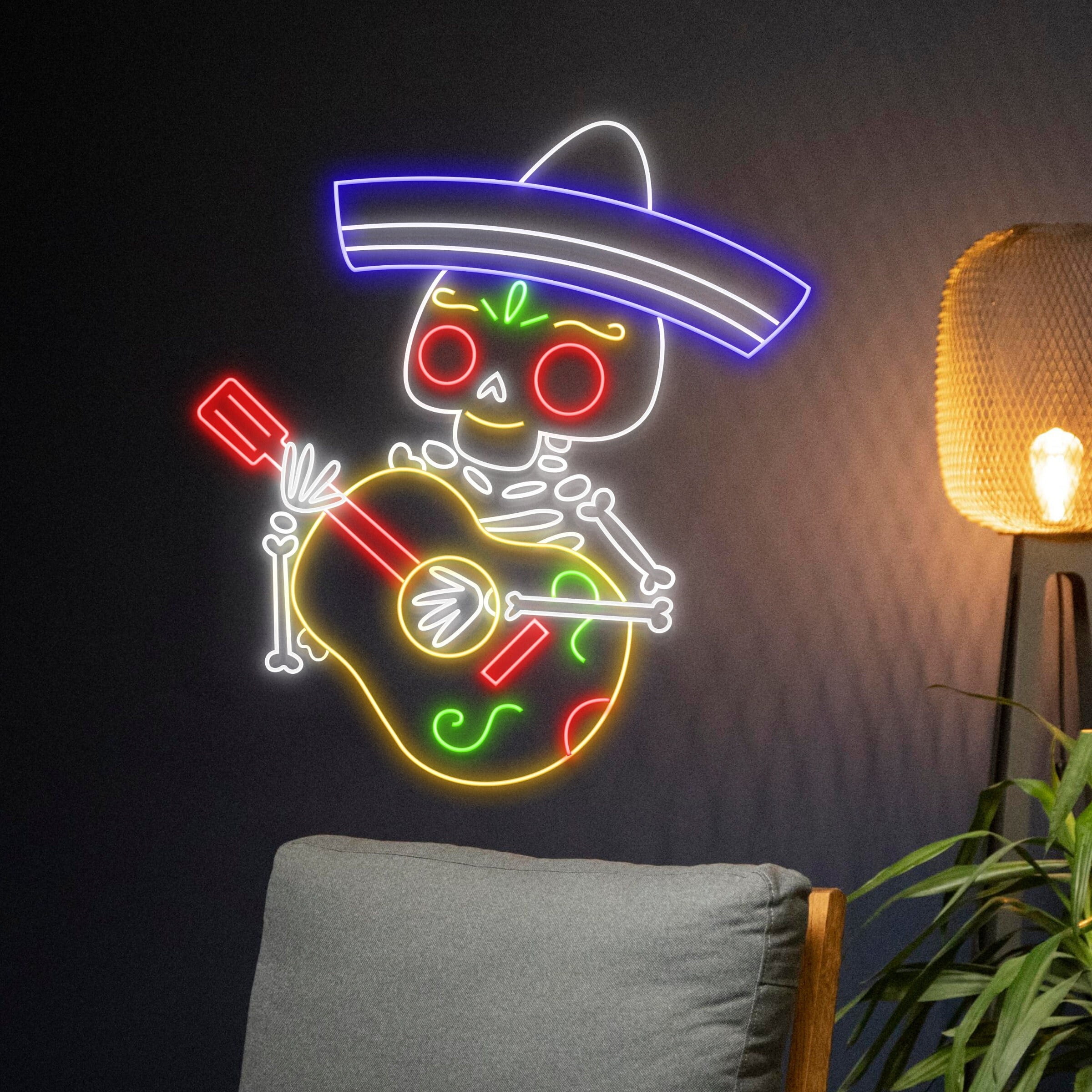 Handmadetneonsign Mexican Skeleton Playing Guitar Neon Sign, Skeleton ...