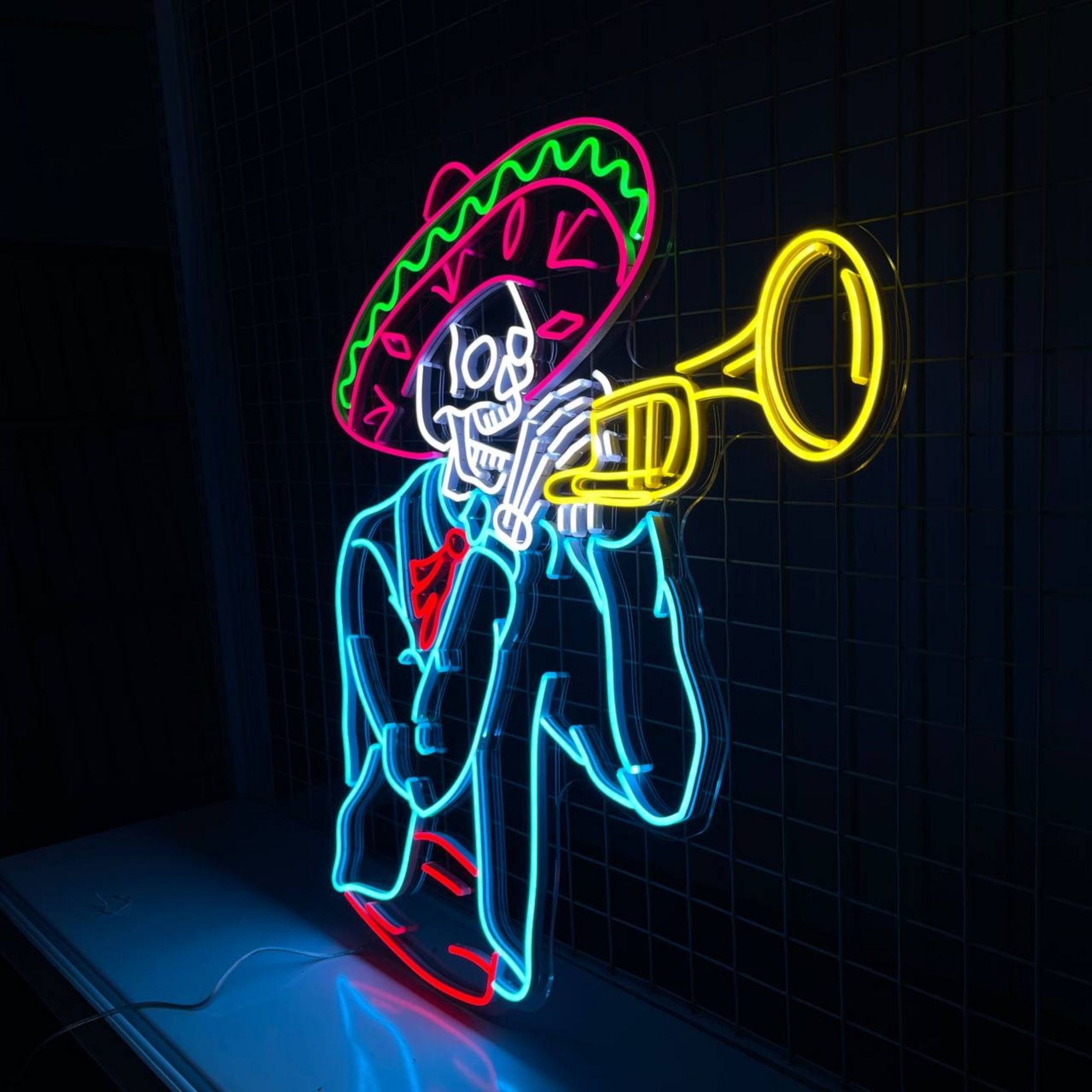 Handmadetneonsign Mexican Skeleton Playing Trumpet Neon Sign, Mexico ...