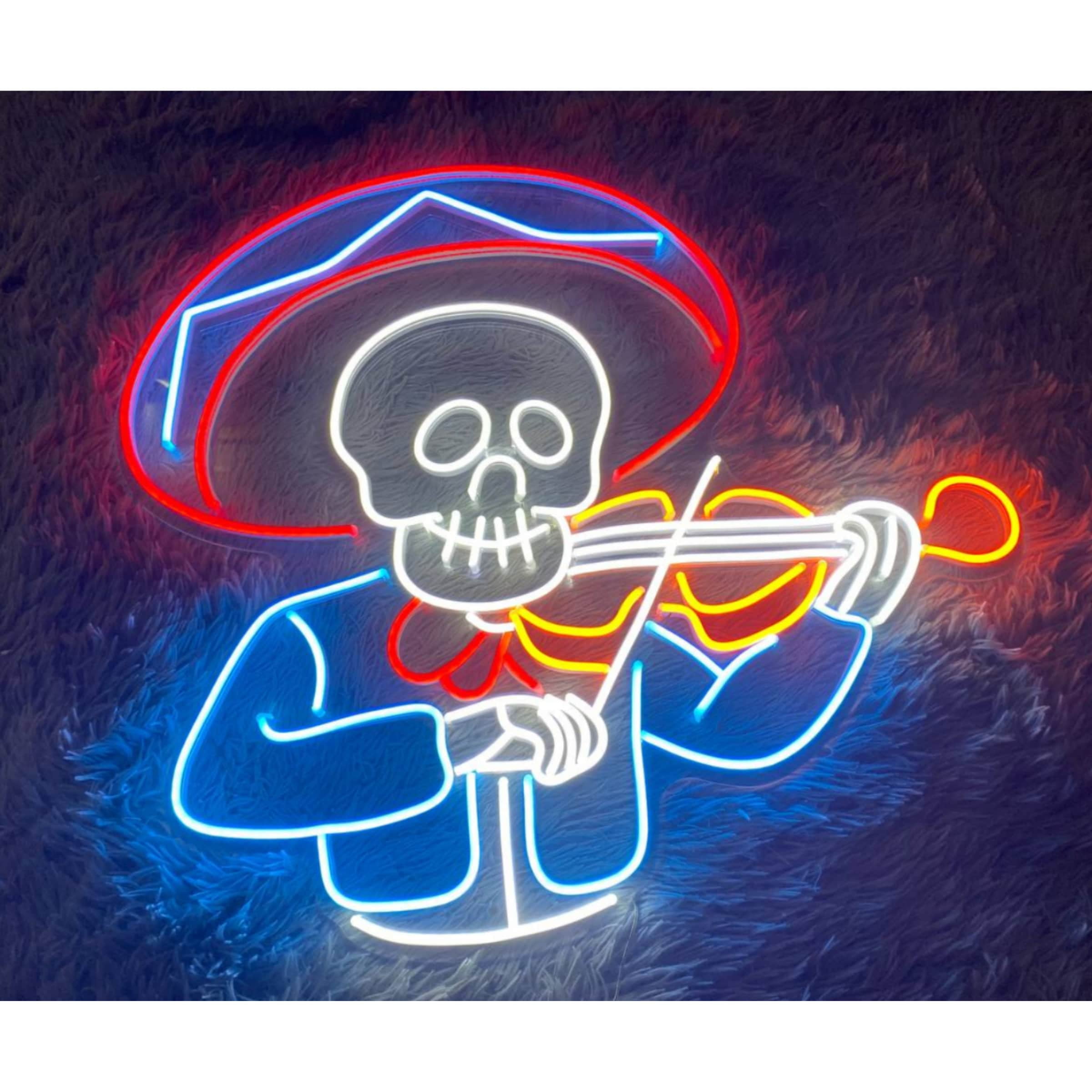Handmadetneonsign Mexican Skeleton Playing Violin Led Sign, Mexican ...