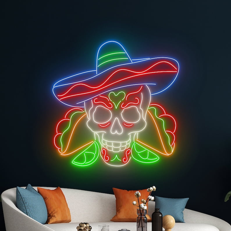 Handmadetneonsign Mexican Skull Tacos Wall Art, Mexico Skeleton Taco ...
