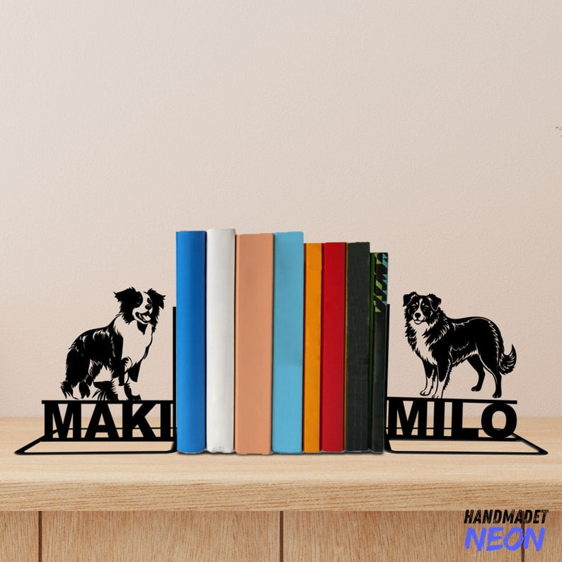 Handmadetneonsign Miniature American Shepherd Metal Bookends, Dog Name ...