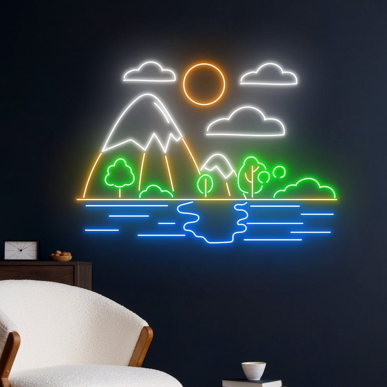 Handmadetneonsign Mountain Neon Sign, Tree Led Sign, Hill Led Light ...
