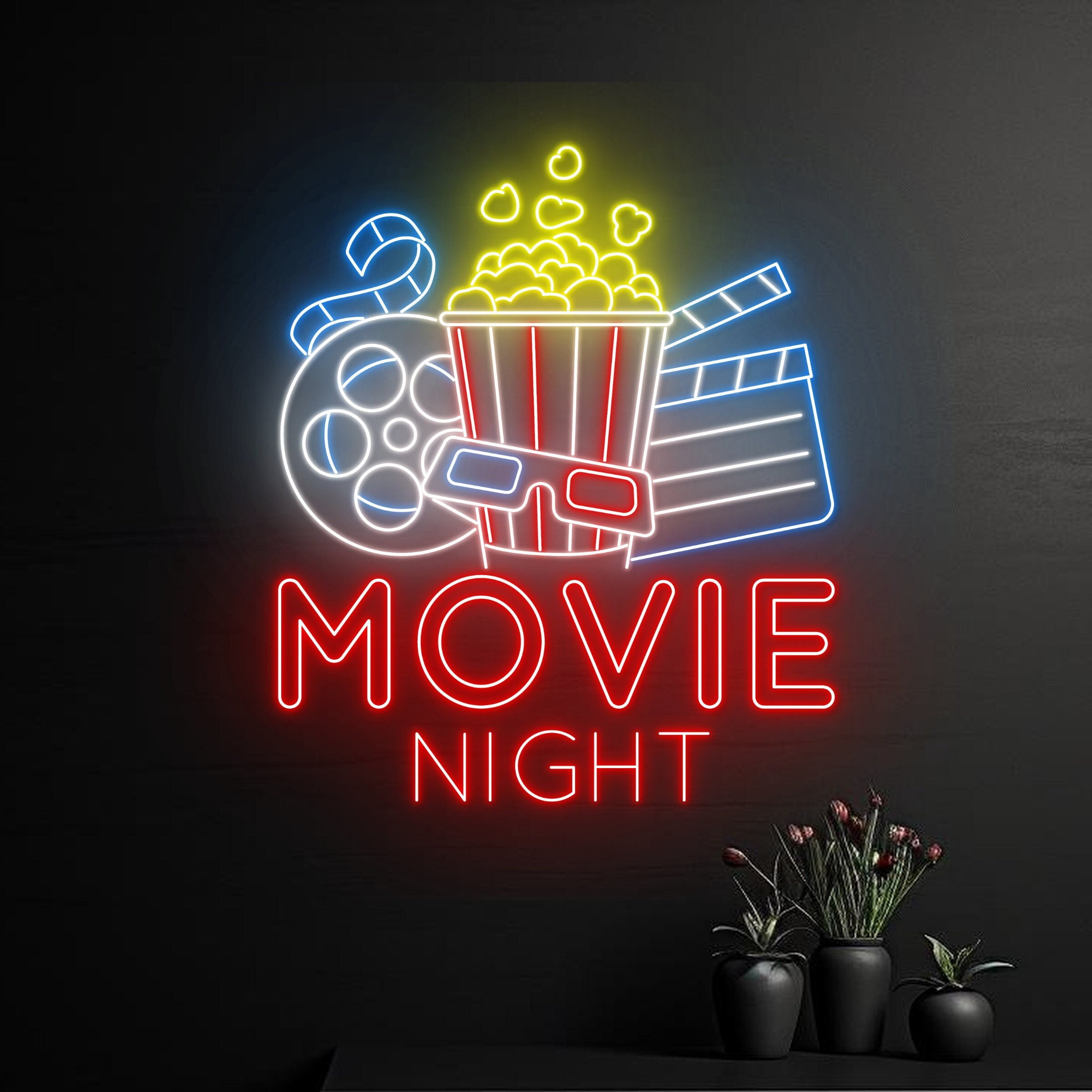 Handmadetneonsign Movie Night Neon Sign, Movie Night Neon Light, Movie ...