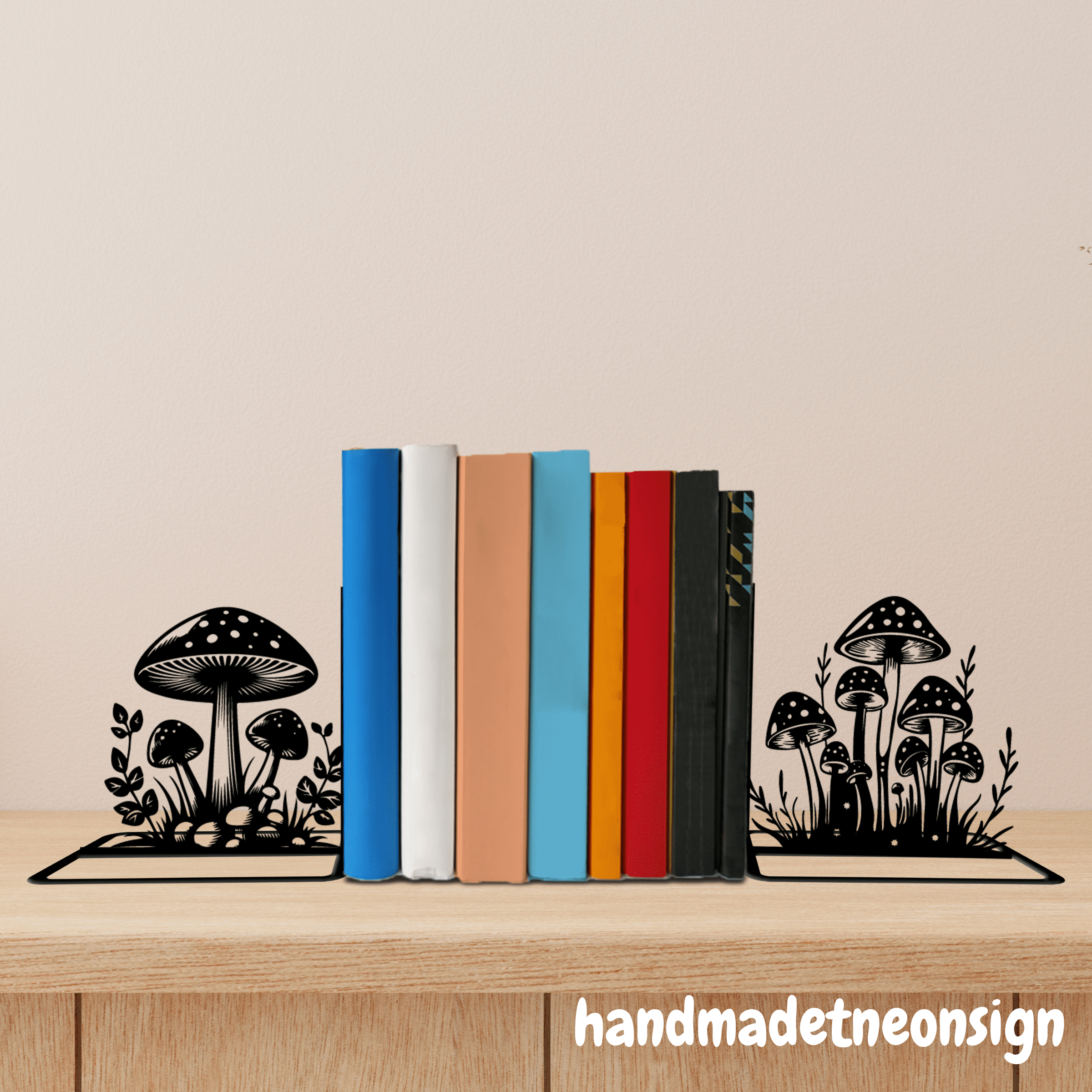 Handmadetneonsign Mushrooms Metal Bookends Mushroom Name Bookend ...
