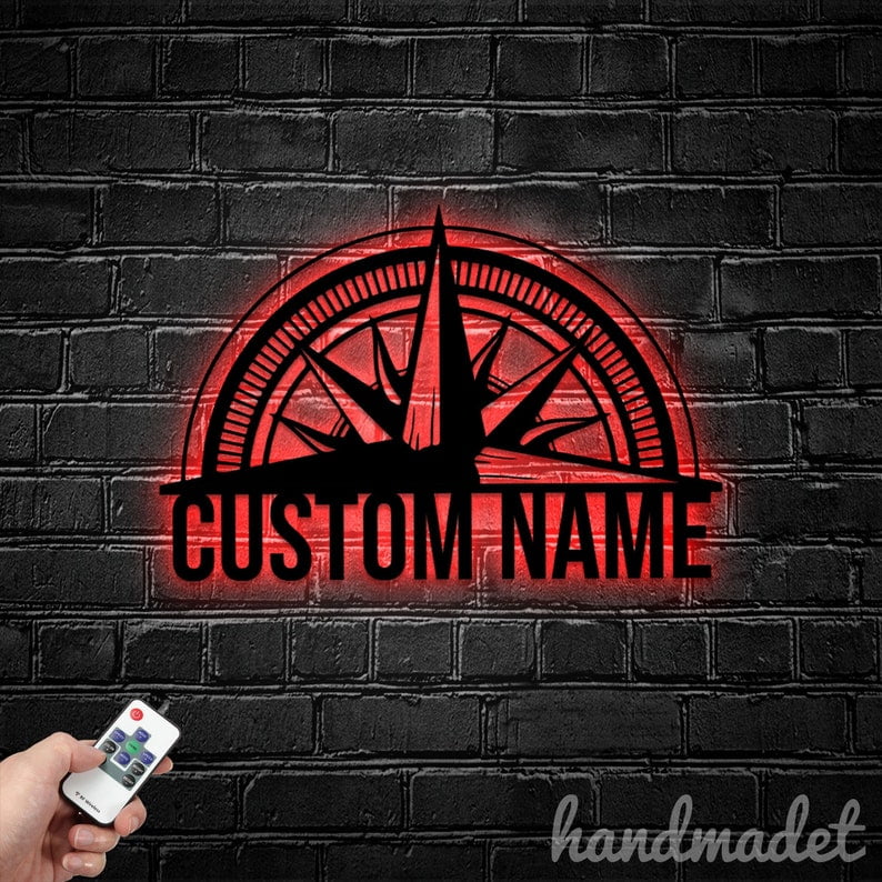 Handmadetneonsign Nautical Compass Metal Wall Art Light, Compass Metal ...