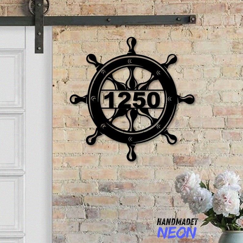 Handmadetneonsign Nautical House Number Metal, Ship Wheel Home Number ...