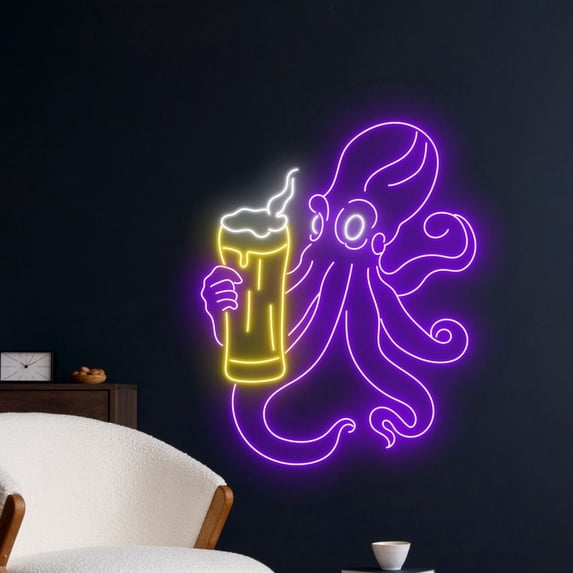 Handmadetneonsign Octopus Drinking Beer Neon Sign, Cocktail Beer Wall ...