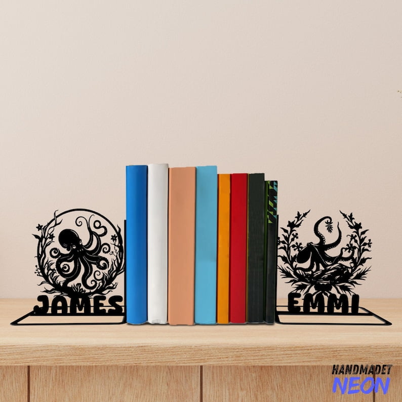 Handmadetneonsign Octopus Metal Bookends, Octopus Name Bookend, Ocean ...