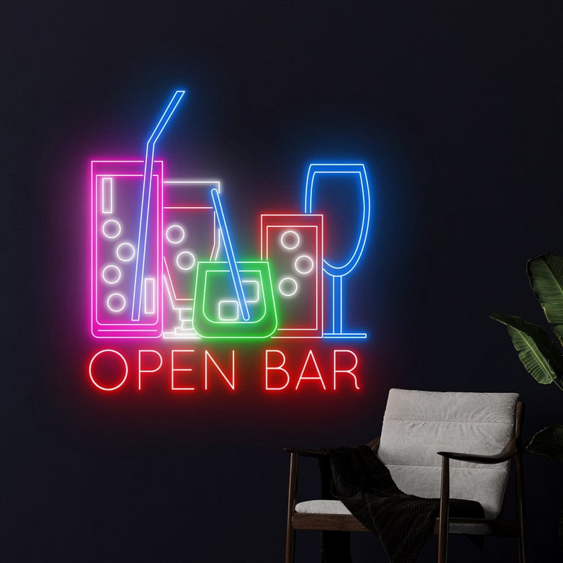 Handmadetneonsign Open Bar Neon Sign, Cocktail Wine Wall Art Decor, Bar ...
