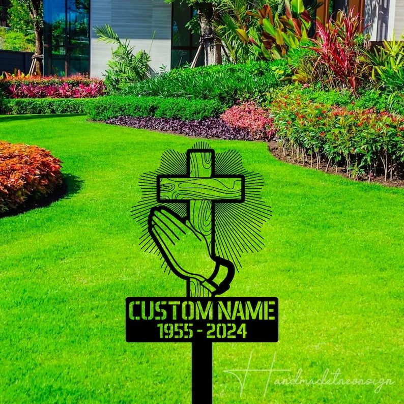 Handmadetneonsign Outdoor Memorial Jesus Cross Praying Hand Metal Sign ...