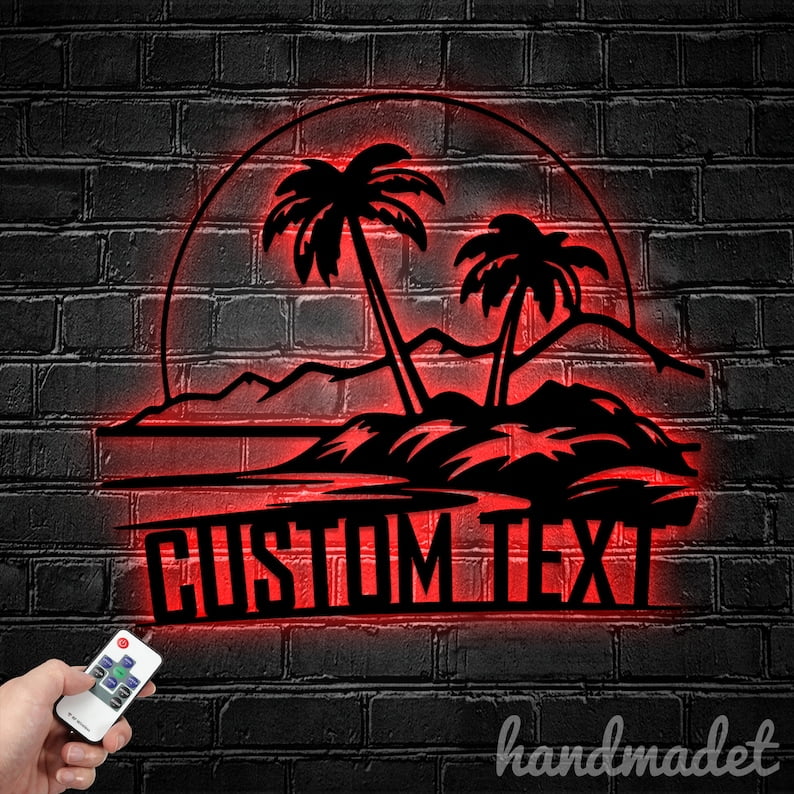 Handmadetneonsign Palm Tree Beach Sunset Name Metal Wall LED Light ...