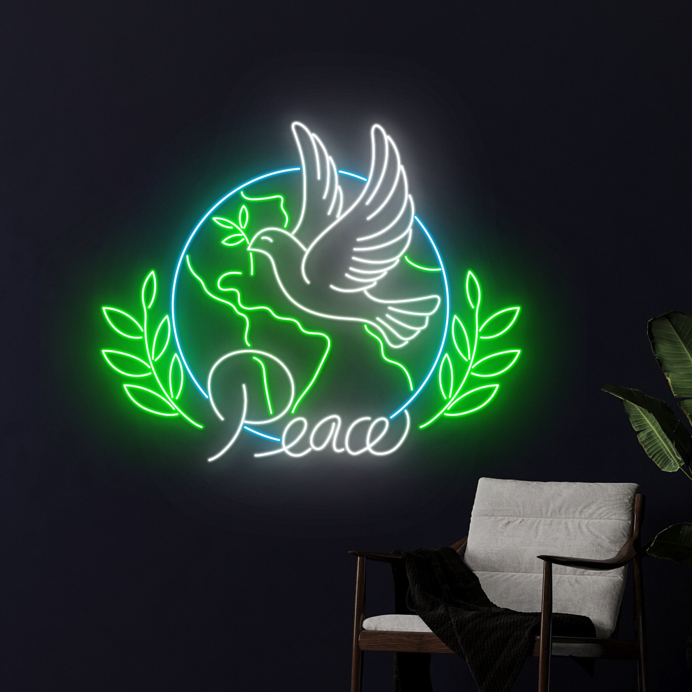 Handmadetneonsign Peace Earth Dove Neon Sign, Flying Pigeon Earth LED ...