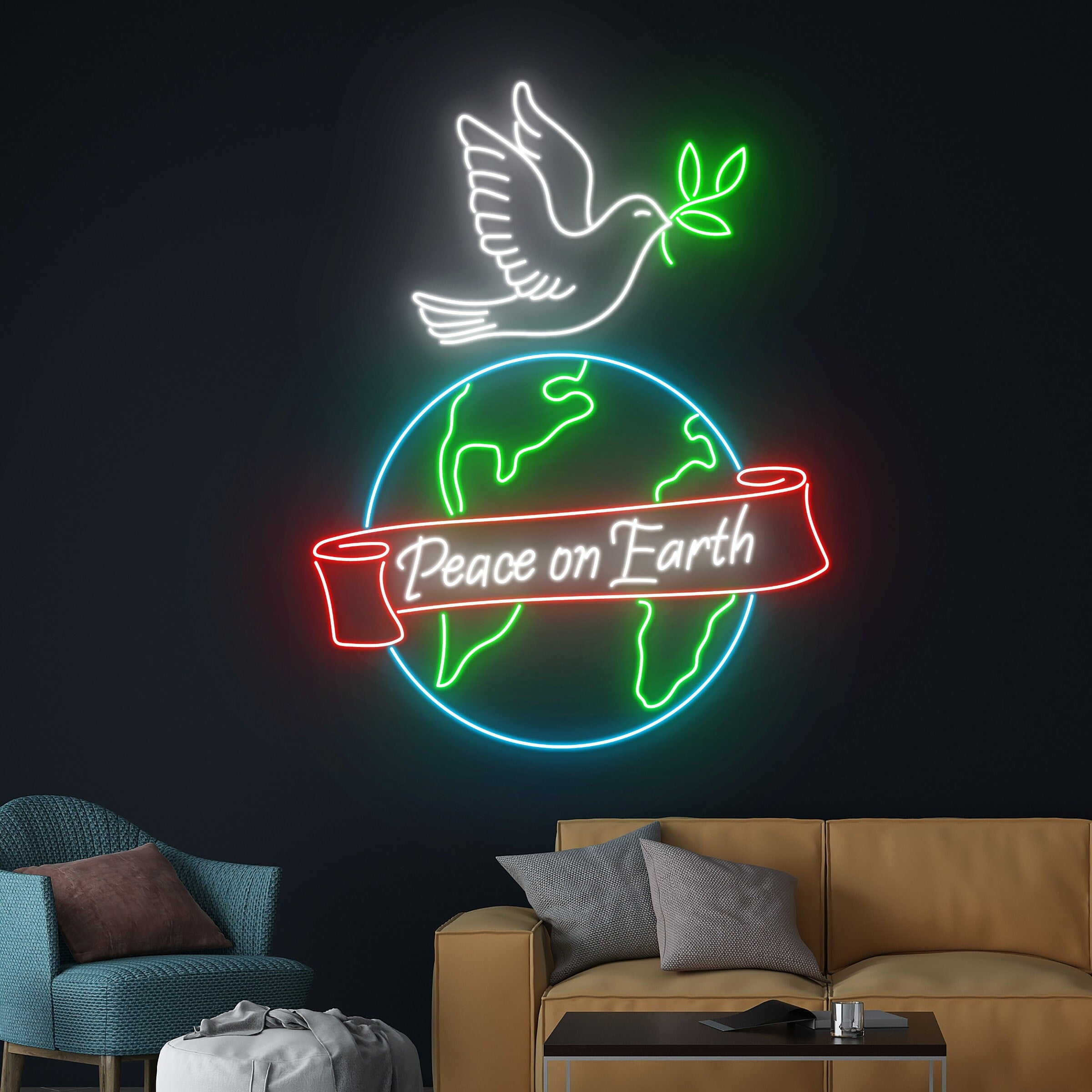Handmadetneonsign Peace On Earth Dove Neon Sign, Flying Pigeon Earth ...
