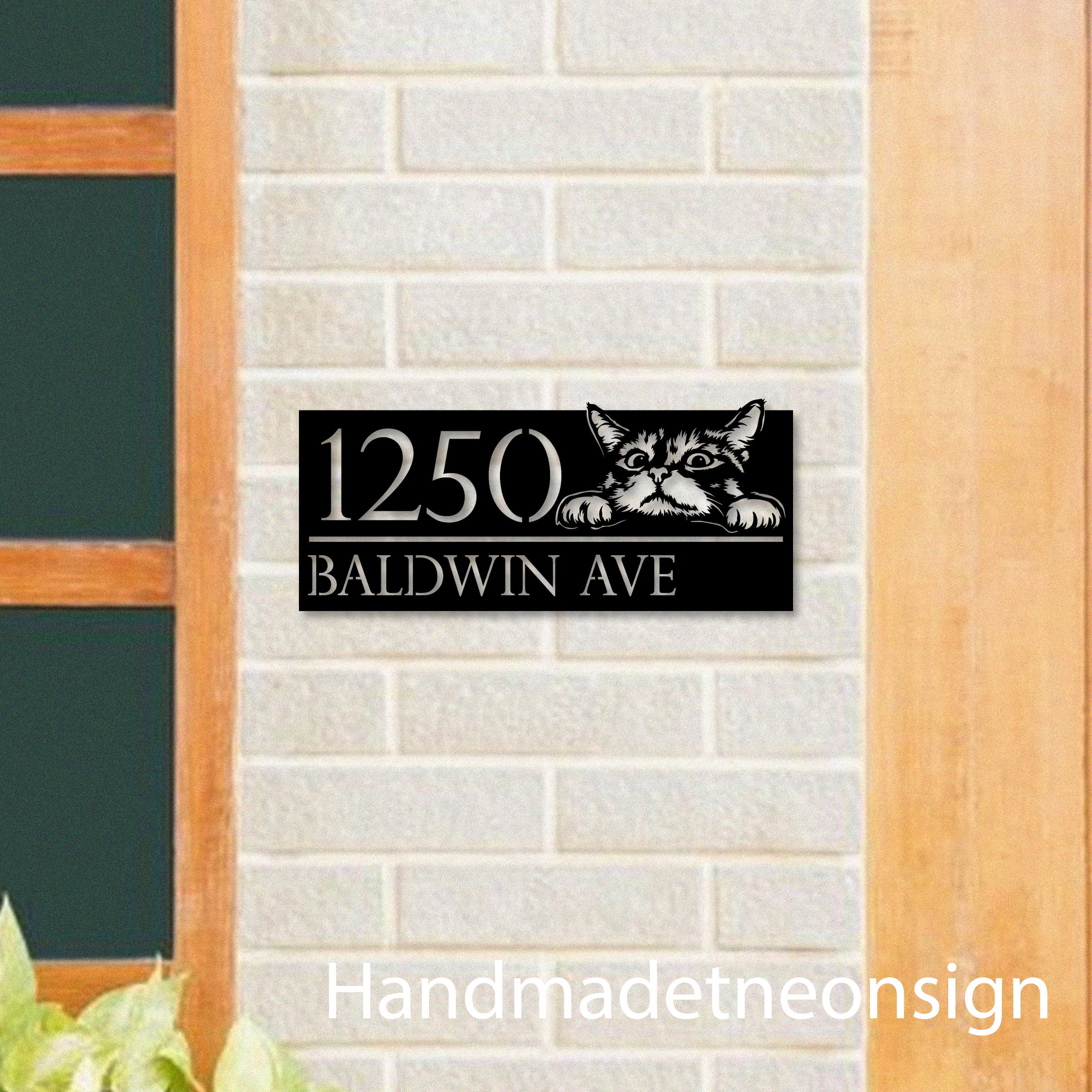 Handmadetneonsign Peeking Cat House Number, Cat Home Address Metal, Pet ...