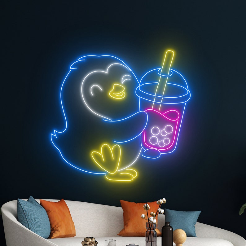 Handmadetneonsign Penguin Drinking Boba Tea Wall Art, Boba Tea Wall ...