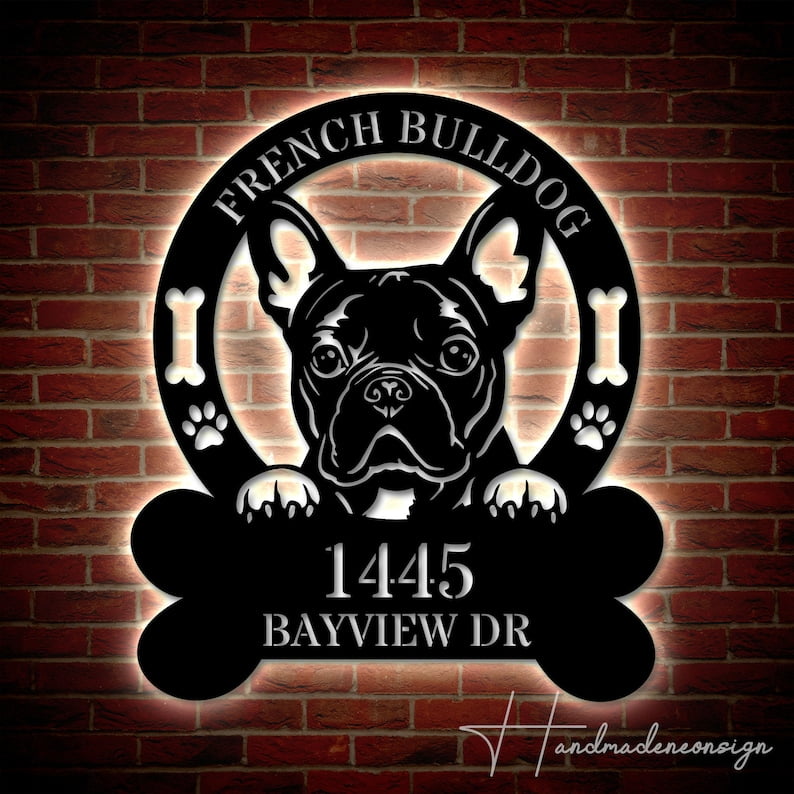 Handmadetneonsign Personalized French Bulldog Home Number Metal Sign ...