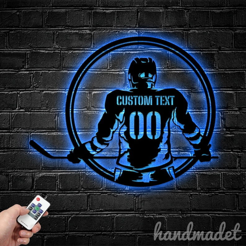 Handmadetneonsign Personalized Hockey Player Metal Wall Art LED Light ...