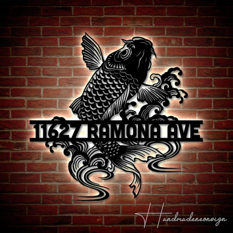 Handmadetneonsign Personalized Koi Fish Home Number Metal Sign, Custom ...
