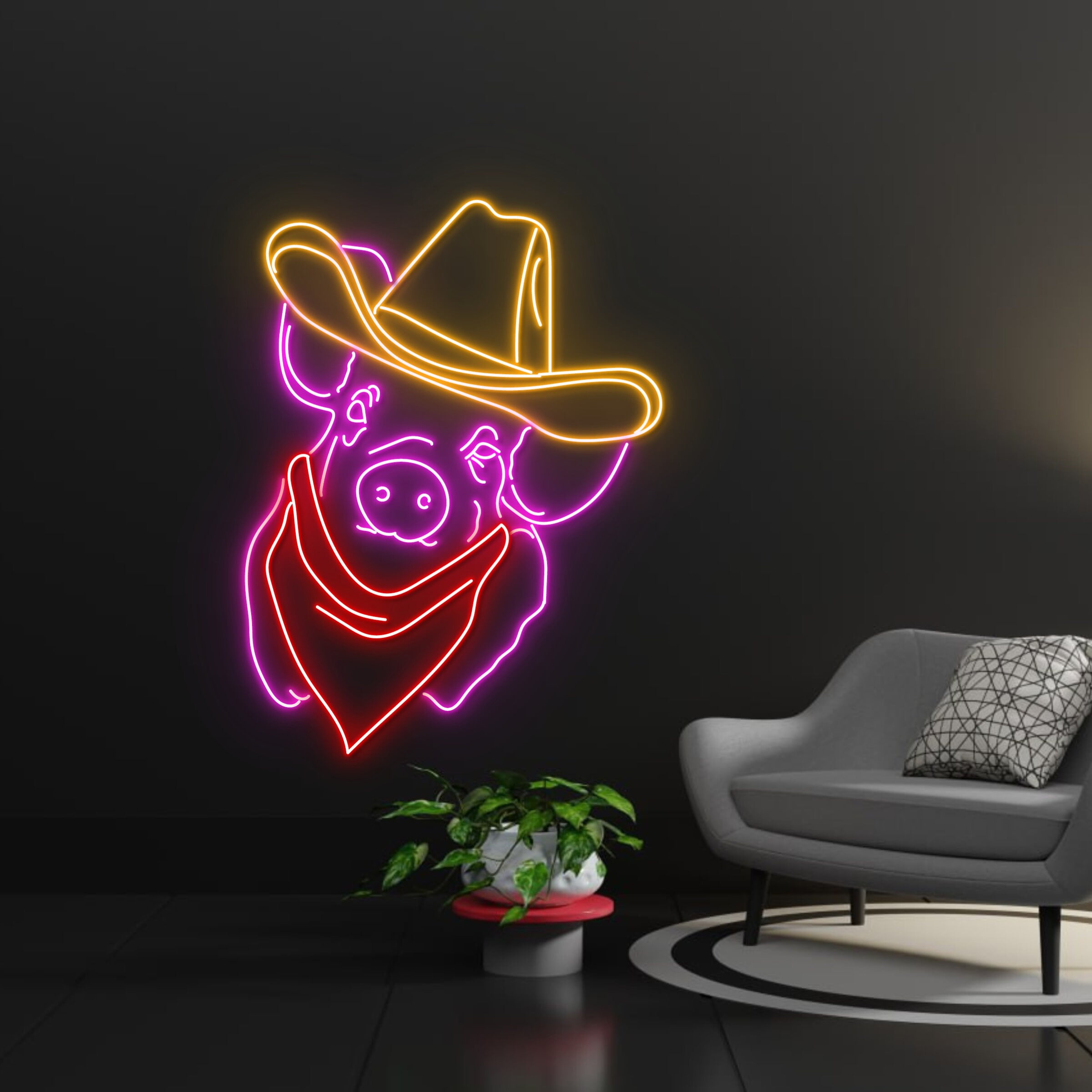 Handmadetneonsign Pig Cowboy Led Sign, Cowboy Pig Neon Sign, Wall Decor ...