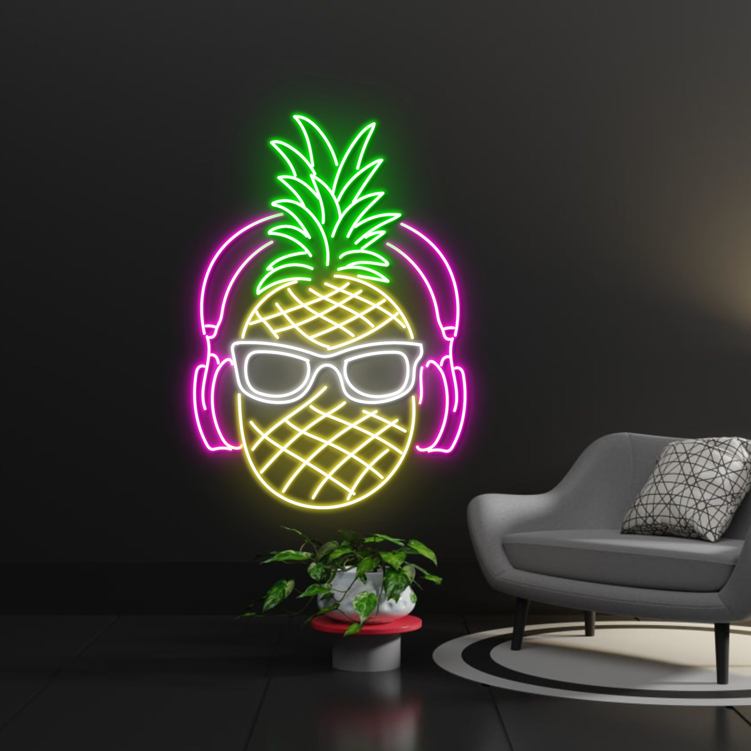 Handmadetneonsign Pinapple With Headphone Led Sign, Pinapple Wearing ...
