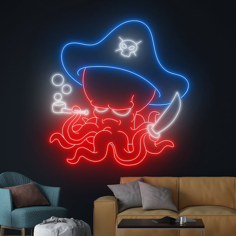 Handmadetneonsign Pirate Octopus Neon Sign, Octopus Neon Wall Art Decor ...