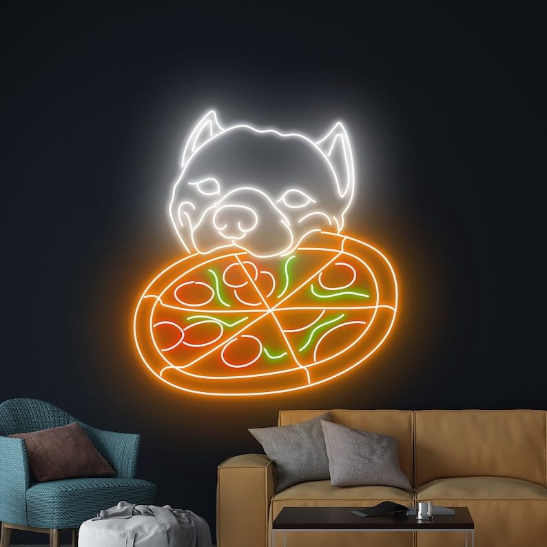 Handmadetneonsign Pitbull Dog Eats Pizza Neon Sign, Pitbull Dog Pizza ...