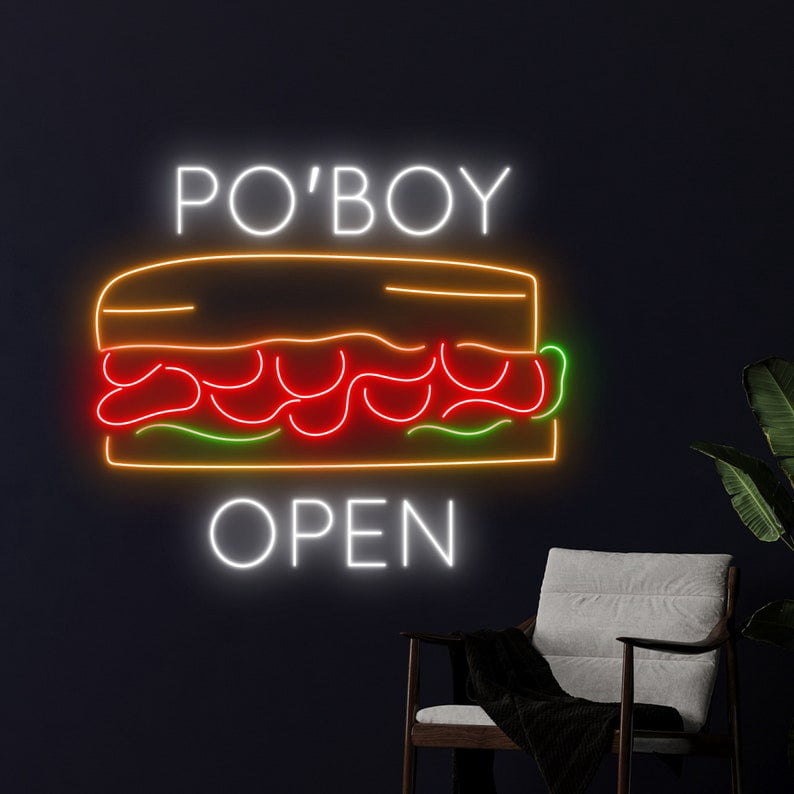 Handmadetneonsign Po'boy Open Neon Sign, Open Po-boy Wall Art Decor ...