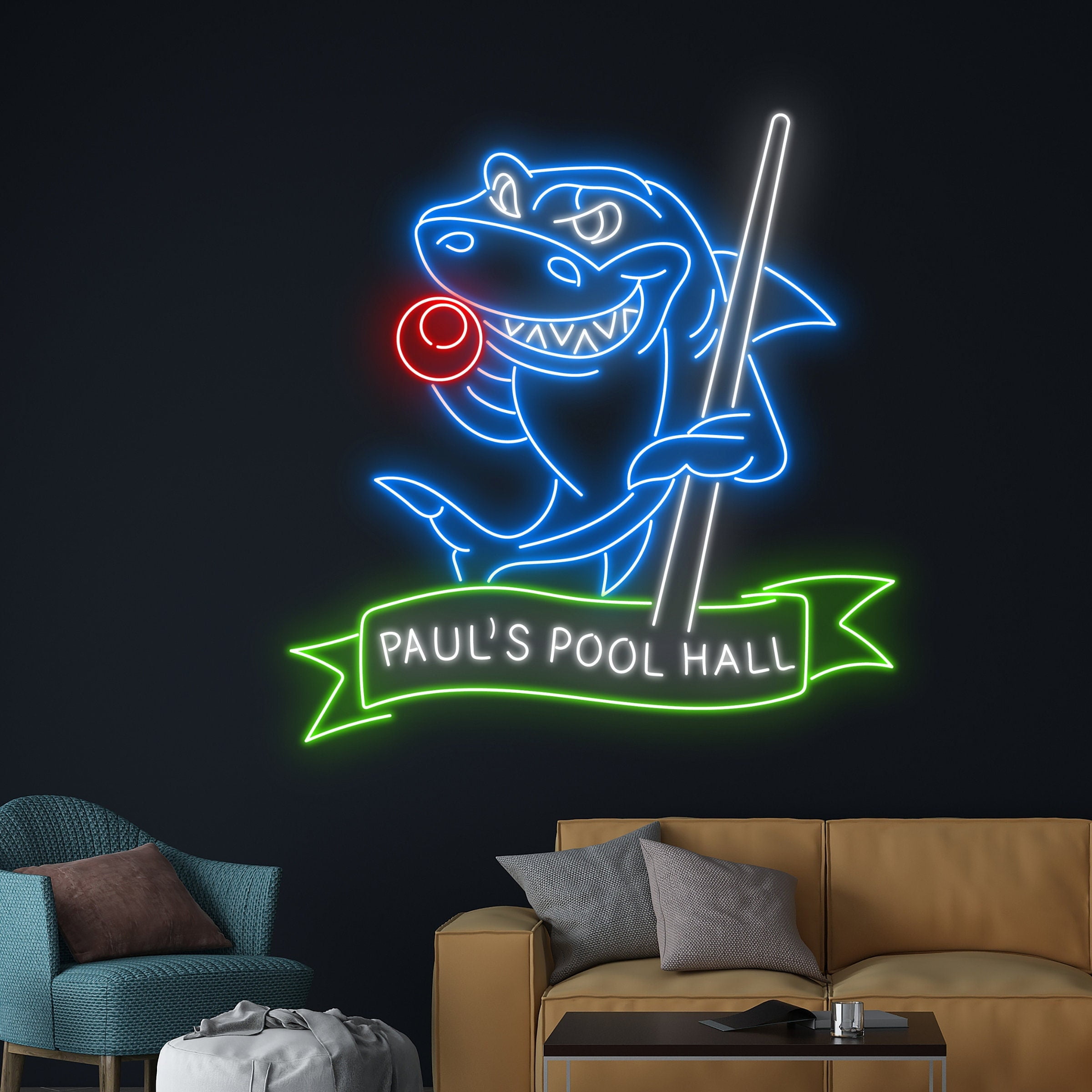Handmadetneonsign Pool Hall Shark Neon Sign, Shark Billiard Neon Light ...