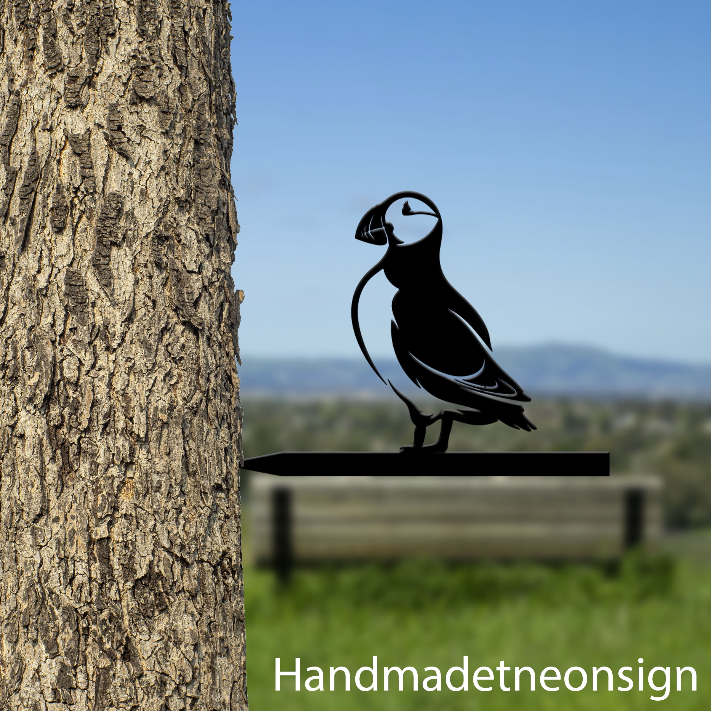 Handmadetneonsign Puffin Bird On Branch Metal Tree Stake, Puffin Garden ...