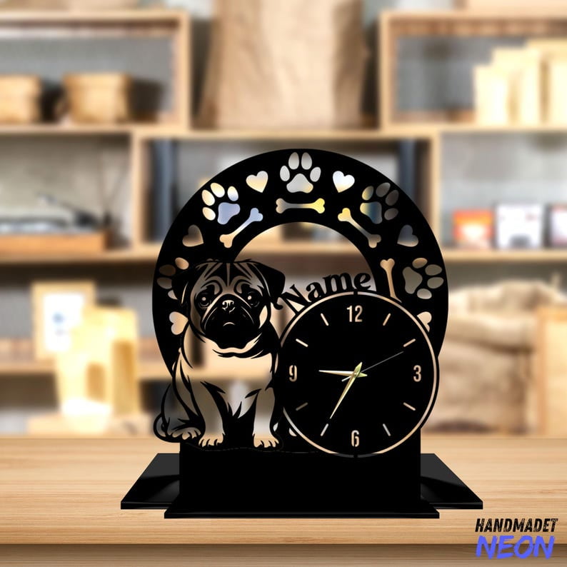Handmadetneonsign Pug Dog Tabletop Metal Clock, Pug Dog Desktop Clock ...