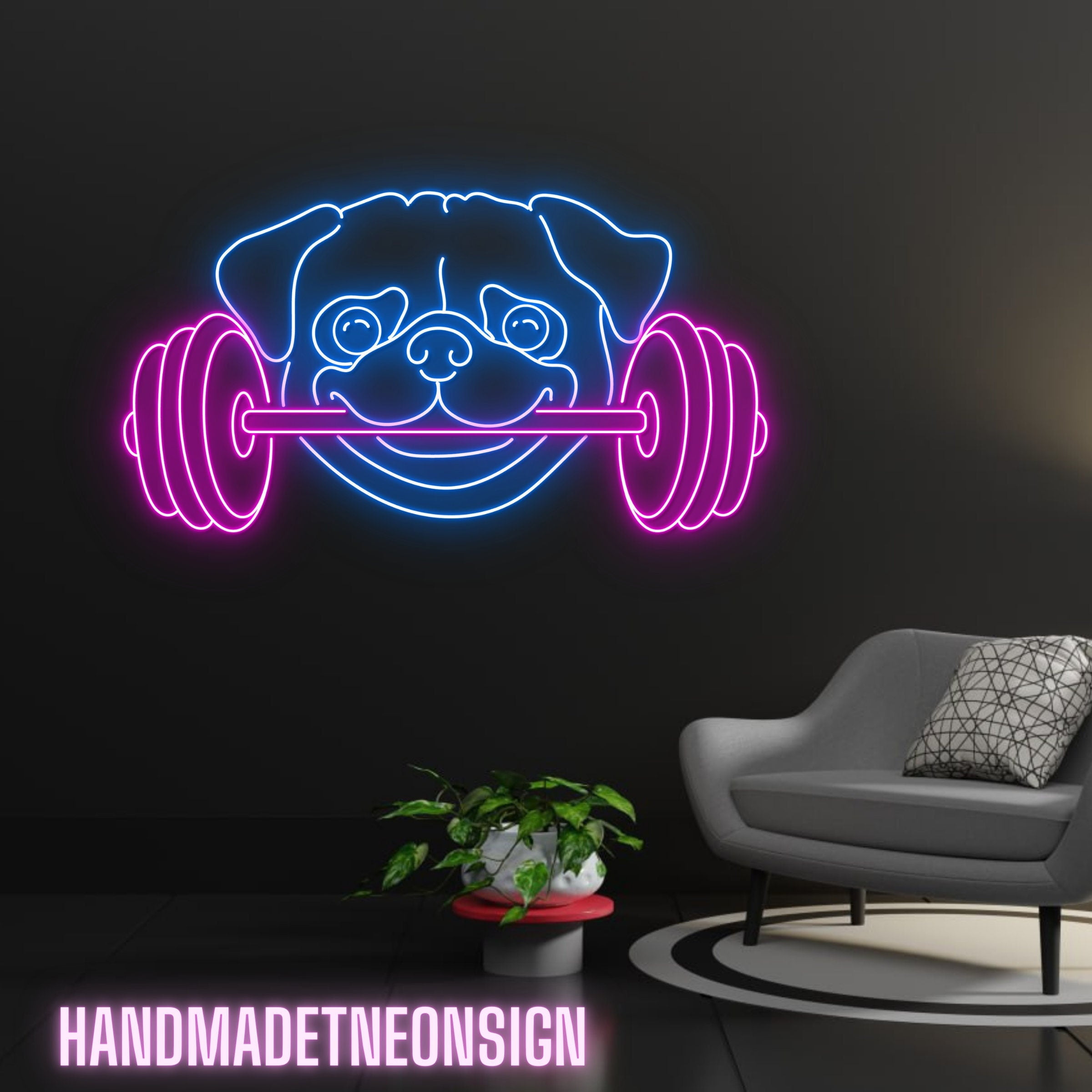 Handmadetneonsign Pug and Dumbbell Neon Sign,Animal Neon Sign,Led Neon ...