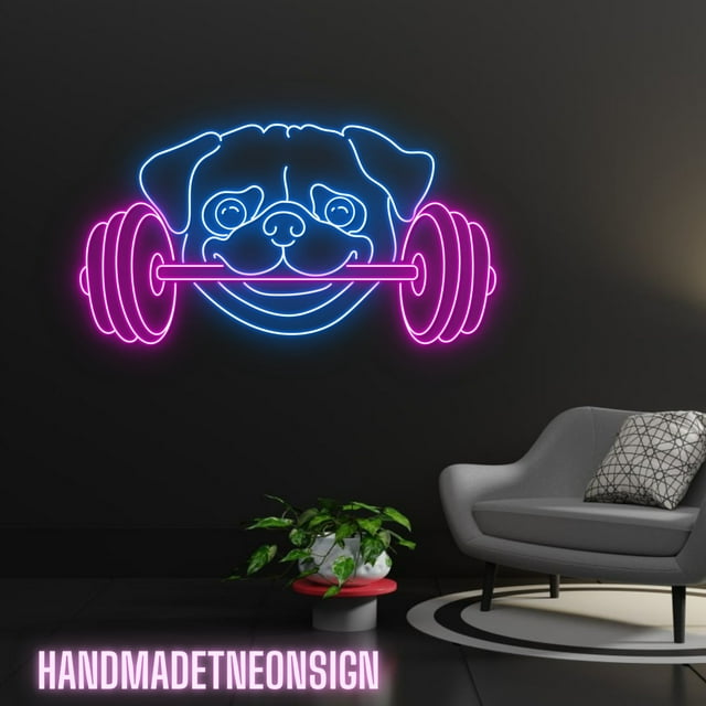 Handmadetneonsign Pug and Dumbbell Neon Sign,Animal Neon Sign,Led Neon ...