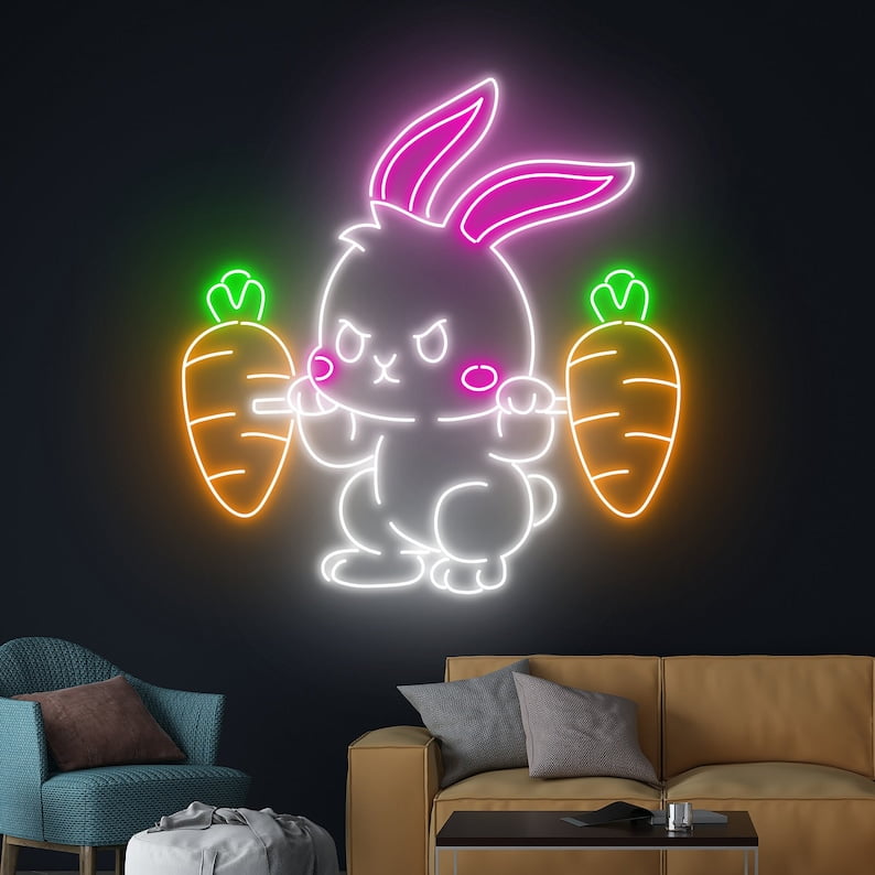 Handmadetneonsign Rabbit Lifting Weight Carrot Neon Sign, Rabbit ...