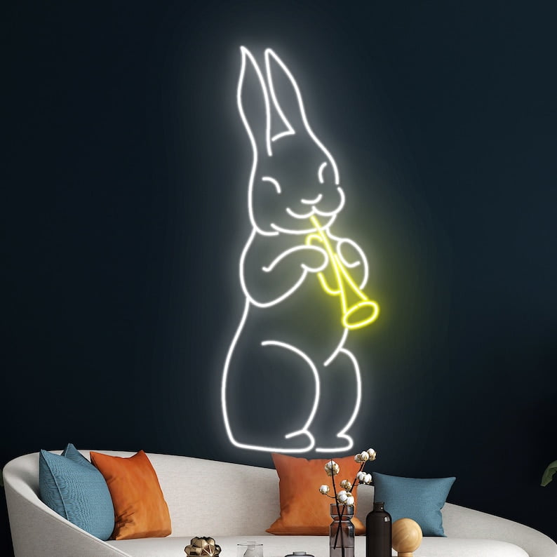 Handmadetneonsign Rabbit Play Trumpet Neon Sign, Bunny Neon Light ...