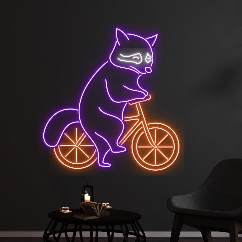 Handmadetneonsign Raccoon Riding Bicycle Neon Sign, Bicycle Raccoon Led ...