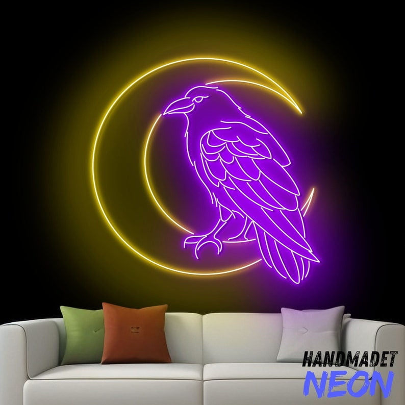 Handmadetneonsign Raven And Moon Neon Sign, Raven Wall Art Light ...