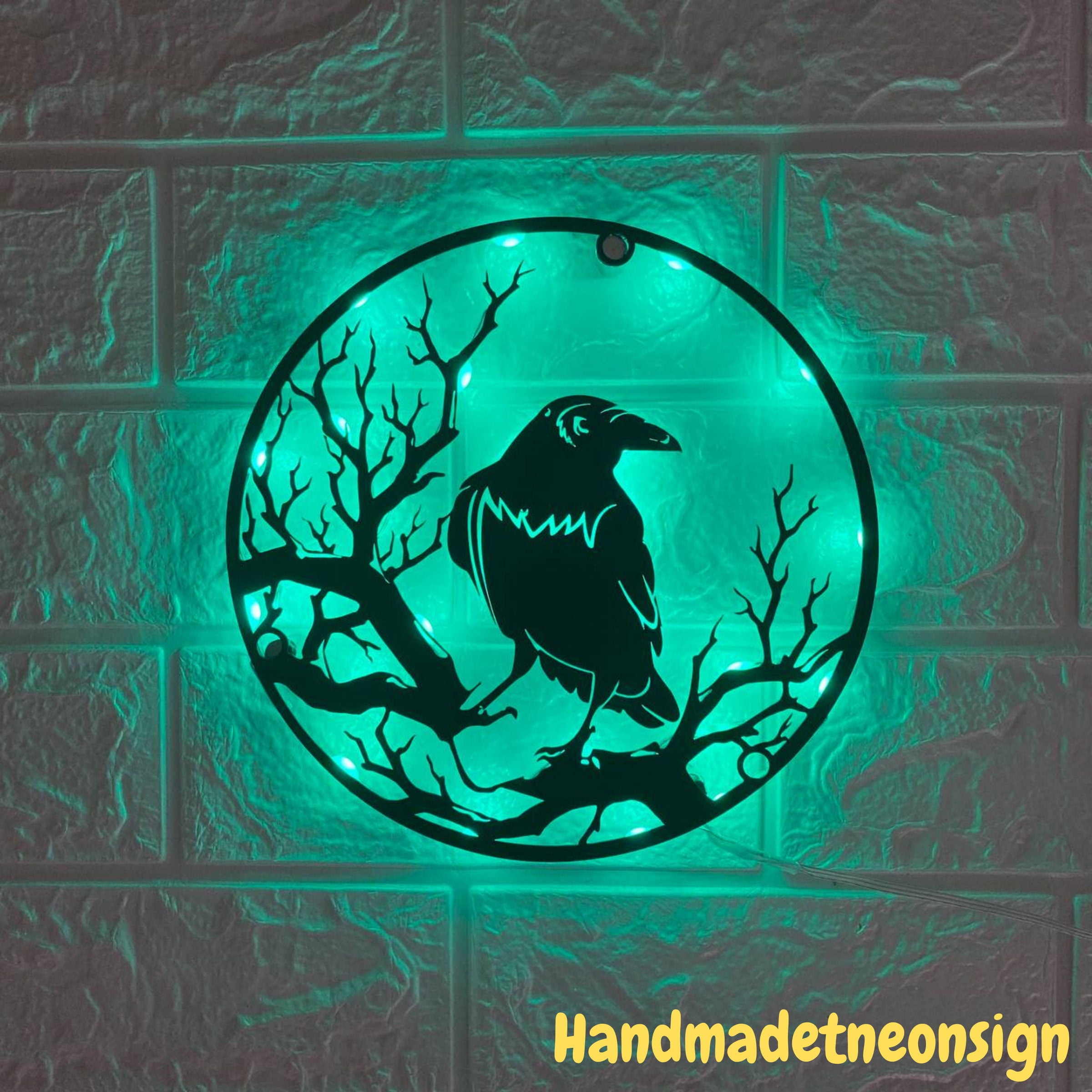 Handmadetneonsign Raven Metal Wall Art with LED Light - Crow Moon Sign ...
