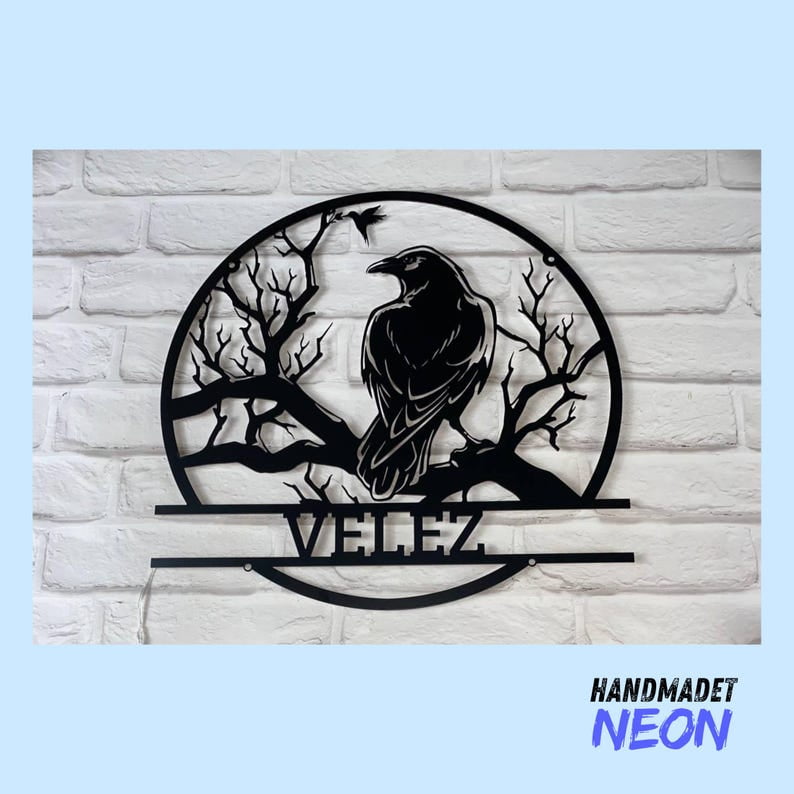 Handmadetneonsign Raven On Branch Metal Sign, Raven Metal Light, Raven ...