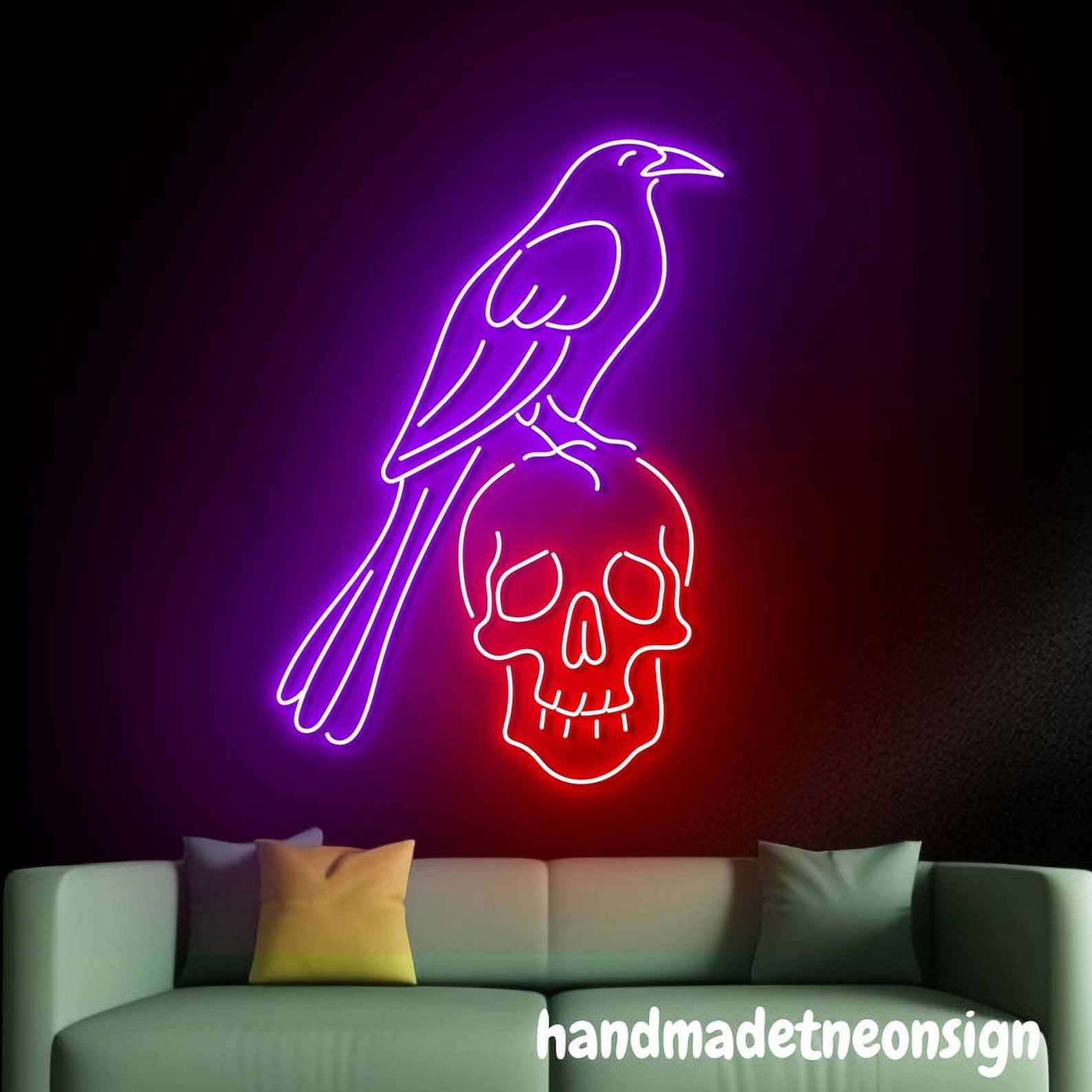 Handmadetneonsign Raven On Skull Neon Sign, Raven Wall Art Decor, Raven ...