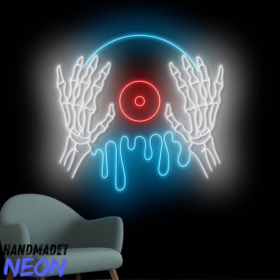 Handmadetneonsign Record Disc With Skeleton Hands Neon Sign, Record ...