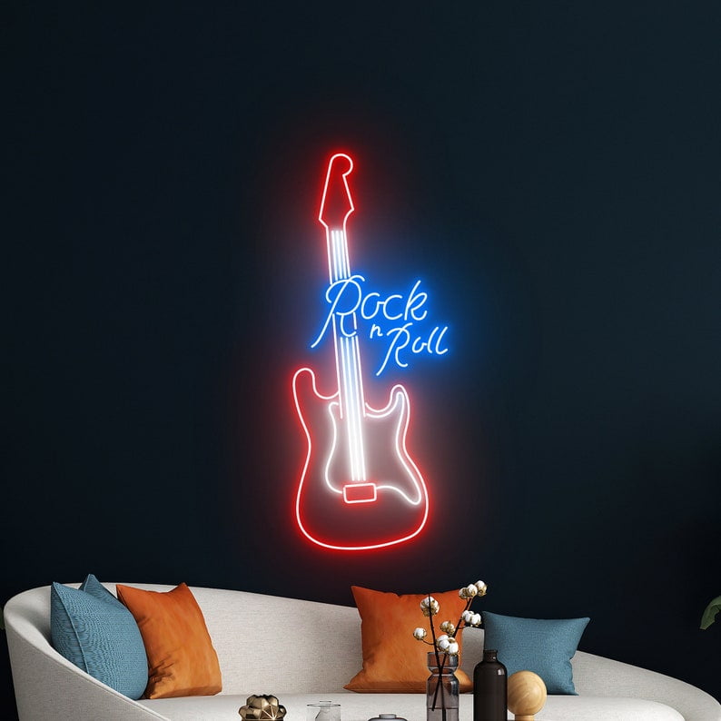 Handmadetneonsign Rock n Roll Guitar Led Sign, Rock n Roll Live Music ...