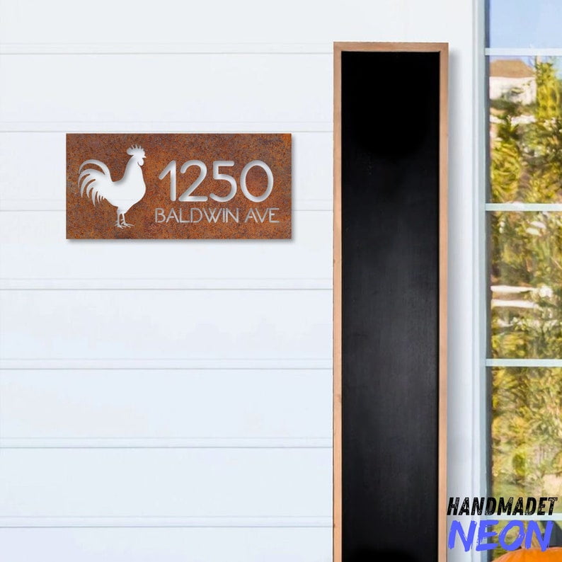 Handmadetneonsign Rooster House Number Metal Rusty, Farm Home Number ...