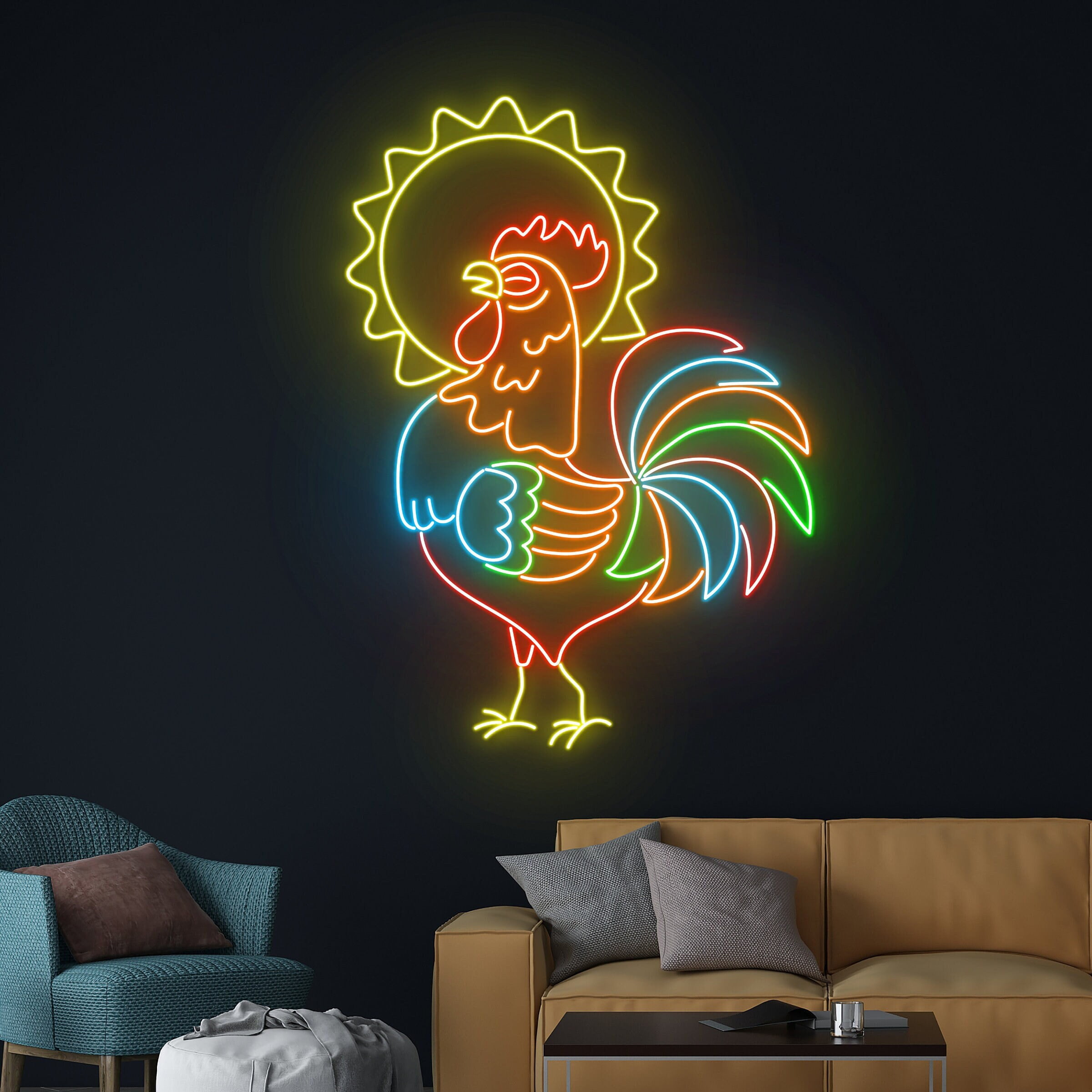 Handmadetneonsign Rooster Sun Neon Light, Sun Chicken Led Light ...