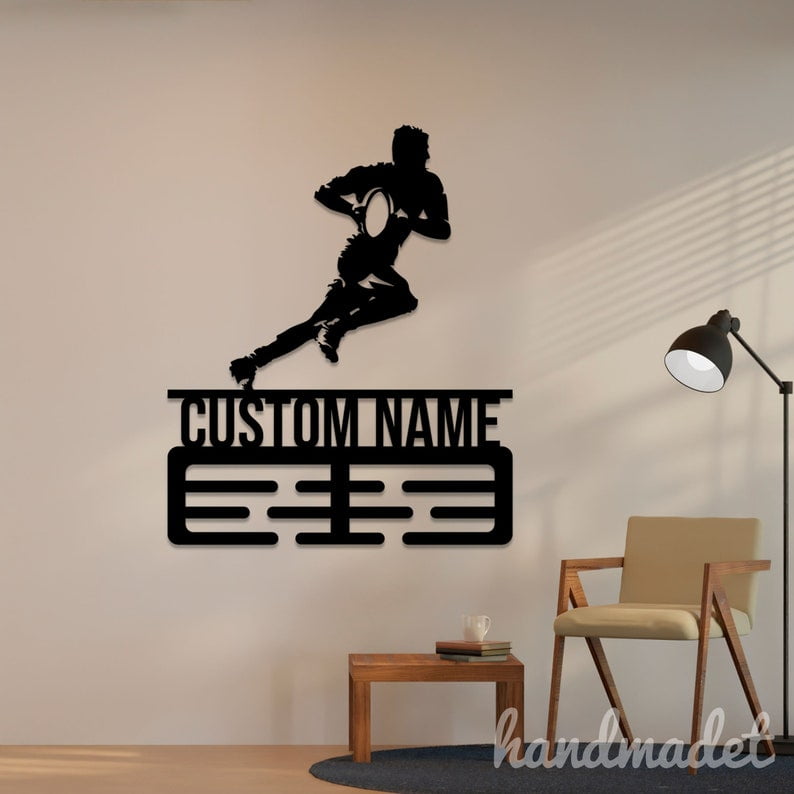 Handmadetneonsign Rugby Player Medal Hanger, Athlete Metal Sign Wall ...
